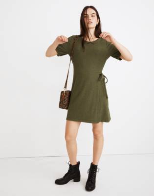 Crosshatch Puff-Sleeve Faux-Wrap Mini Dress